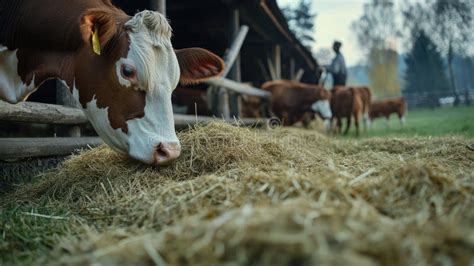 Cows Are Eating Hay And Pellets As A Farmer Works Diligently In A Contemporary French Cow Barn