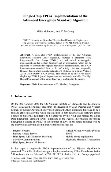Pdf Single Chip Fpga Implementation Of The Advanced Encryption