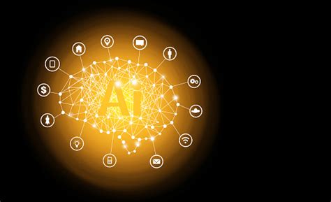 빛나는 밝은 어두운 배경에 많은 통신 아이콘과 흰색 점과 라인으로 만든 Ai 또는 인공 지능 두뇌 모양 통합 디지털 마케팅 커뮤니케이션 개념 Cpu에 대한 스톡 사진 및