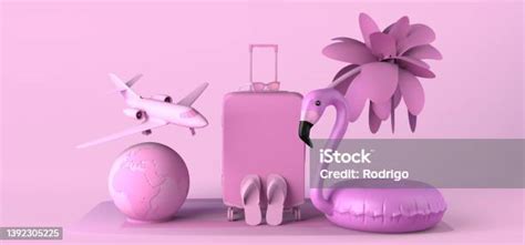 백조 플로트 플립 플롭 여행 가방 및 비행기가있는 여름 방학 개념 공간을 복사합니다 3d 그림 여행 가방에 대한 스톡 사진 및 기타 이미지 Istock