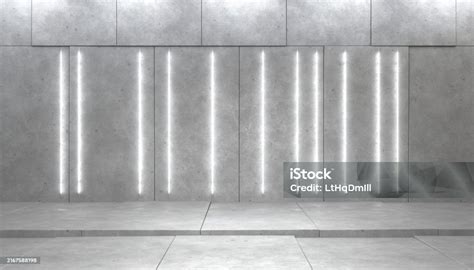 그레이 스케일 오래 된 콘크리트 벽 수평 네온 램프 복사 공간이있는 배경 인테리어 무대 3d 일러스트 레이 션 공연에 대한 스톡 사진 및 기타 이미지 Istock