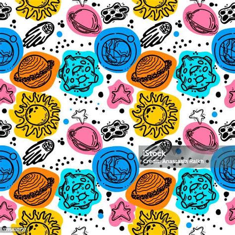 행성 혜성 소행성 및 별의 원활한 패턴 손으로 그린 요소는 스케치 스타일로 손으로 그린 낙서입니다 태양 별들 흰색 배경에 밝은