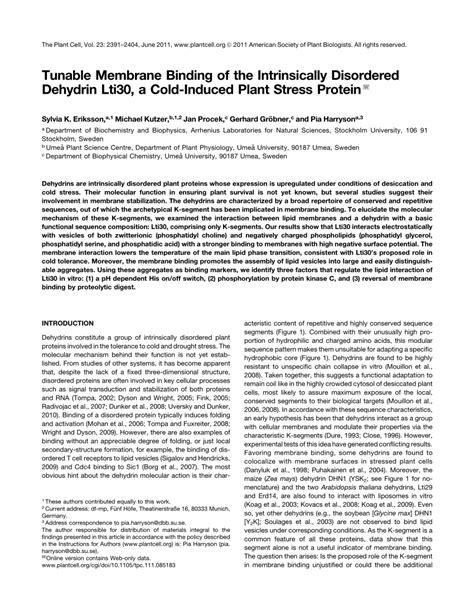 Pdf Tunable Membrane Binding Of The Intrinsically Disordered Dehydrin