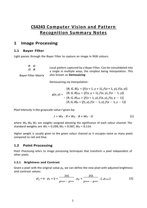Cs4243 Computer Vision And Pattern Recognition Summary Notes Cs4243