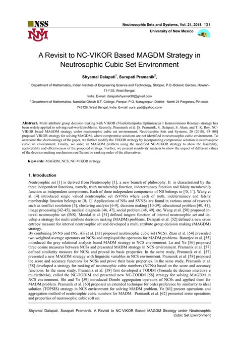 Pdf A Revisit To Nc Vikor Based Magdm Strategy In Neutrosophic Cubic Set Environment