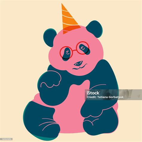 생일 모자를 쓴 팬더 아바타 배지 포스터 로고 템플릿 인쇄 Riso 인쇄 효과가 있는 미니멀한 스타일의 벡터 그림입니다 플랫 만화 스타일 곰에 대한 스톡 벡터 아트 및 기타