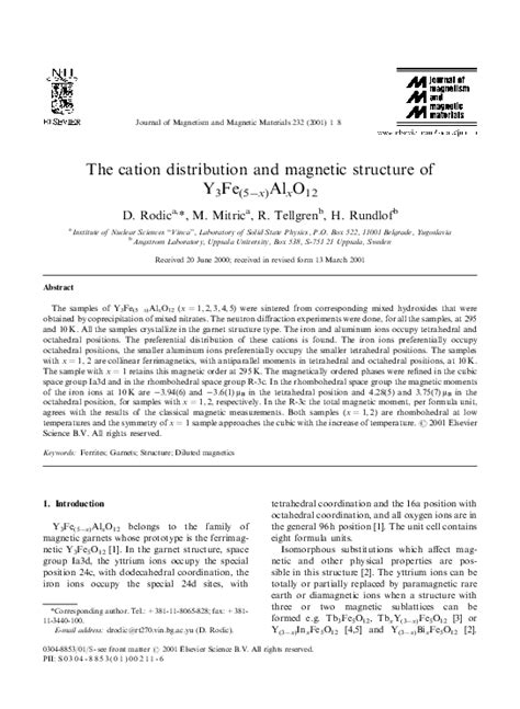 Pdf The Cation Distribution And Magnetic Structure Of Y3fe5−xalxo12 R Tellgren