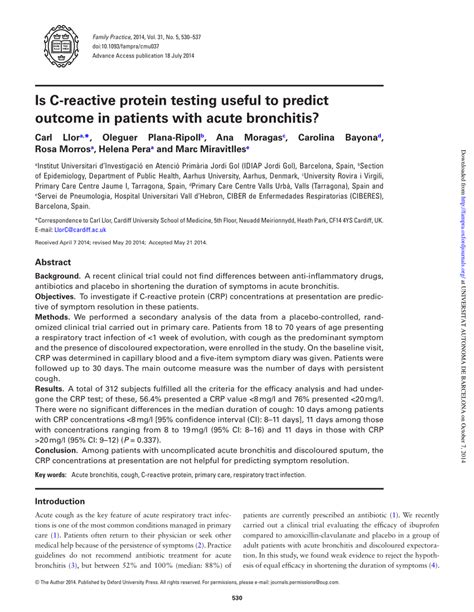 Pdf Is C Reactive Protein Testing Useful To Predict Outcome In Patients With Acute Bronchitis