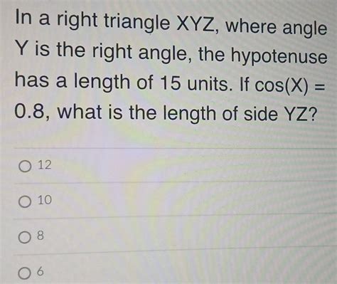 solved in a right triangle xyz where angle y is the right angle the