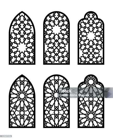 이슬람 아치 창 또는 문 세트 Cnc 패턴 레이저 절단 벽 장식을위한 벡터 템플릿 세트 매달려 스텐실 조각 아라비아에 대한 스톡