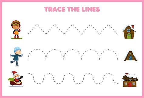 어린이 필기 연습을 위한 교육 게임은 귀여운 만화 소년과 산타가 집으로 이동하는 인쇄 가능한 겨울 워크시트로 선을 추적합니다 프리미엄 벡터