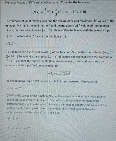Solved Min Max Values Of Differentiable Functions
