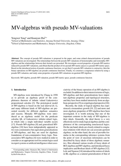 Pdf Mv Algebras With Pseudo Mv Valuations