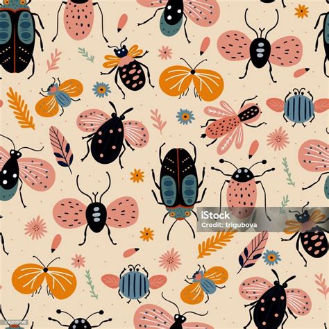 곤충 나비 딱정벌레 나방 정원 꽃 잎의 벡터 완벽 한 패턴 만화 이미지 곤충에 대한 스톡 벡터 아트 및 기타 이미지 곤충 귀여운 그리기 Istock