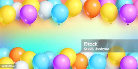텍스트를 위한 빈 공간이 있는 생생한 그라데이션 배경에 다채로운 풍선 벡터 일러스트 레이 션 3차원 형태에 대한 스톡 벡터 아트 및 기타 이미지 Istock
