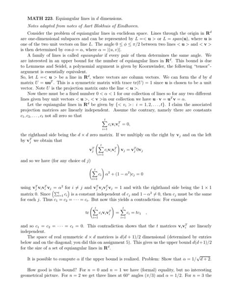 math 223 equiangular lines in d dimensions