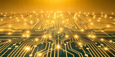 A Golden Circuit Board With Illuminated Pathways And Connections Representing Modern