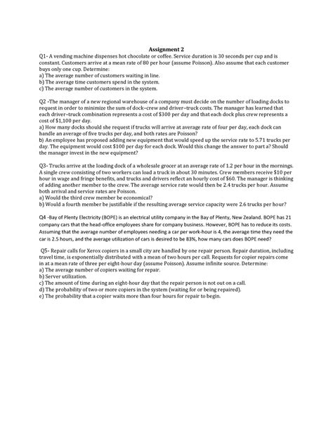 Waiting Line Problems Assignment Assignment 2 Q1 A Vending Machine Dispenses Hot Chocolate