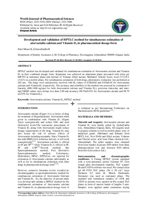 Pdf Development And Validation Of Hptlc Method For Simultaneous Estimation Of Atorvastatin