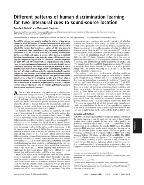 Pdf Different Patterns Of Human Discrimination Learning For Two Interaural Cues To Sound