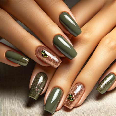 Glamorous Olive Green Nails With Sparkling Glitter Accents Green