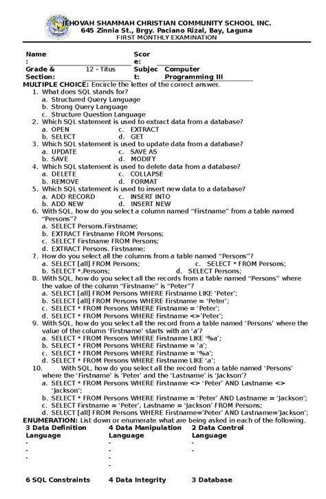 Computer Programming Iii Grade 12 Jehovah Shammah Christian