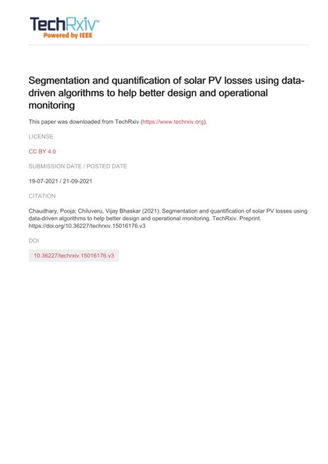 Pdf Segmentation And Quantification Of Solar Pv Losses Using Data