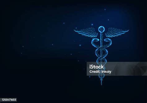어두운 파란색 배경에 미래 빛나는 낮은 다각형 Caduceus 의료 기호 의술 지팡이에 대한 스톡 벡터 아트 및 기타 이미지 의술 지팡이 건강관리와 의술 초현대적