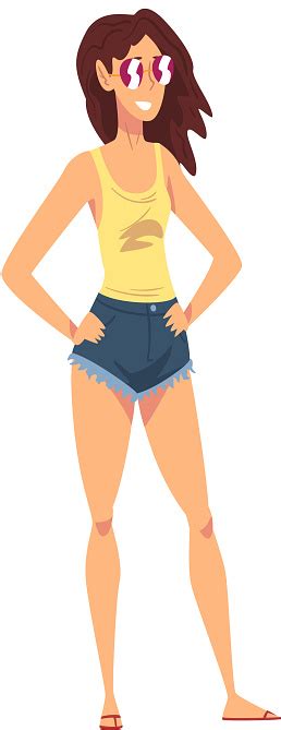 편안한 젊은 여자 행복한 라운지 여성 캐릭터 를 입고 민소매 탱크 탑 반바지와 선글라스 즐기는 그녀의 여가 휴가 여름 휴가 및 여행 만화 벡터 일러스트 계절에 대한 스톡