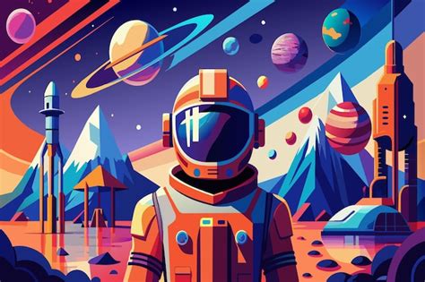Красочная космическая сцена с человеком в космическом костюме, стоящим ...