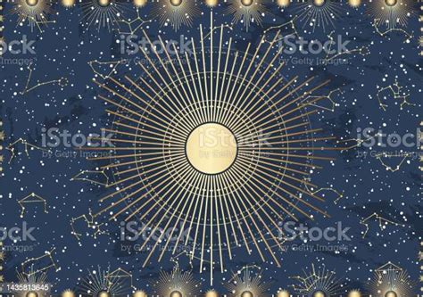 황금 태양 일광욕 광선 별의 손으로 그린 카드 별자리 천상의 공간 조디악 별자리 기호 별 점성술 점성술 기호 아이콘 마법의 우주 은하 벡터 스케치 일러스트 레이 션 골동품에