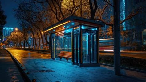 Clean And Welllit Bus Stop At Night Emphasizing Safety And