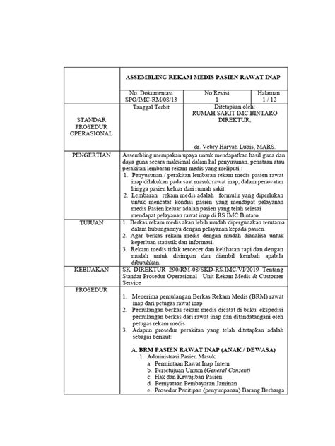 Spo Assembling Formulir Rekam Medis Rawat Inap Pdf