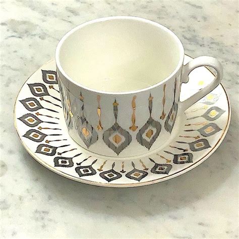 Graces Teaware Ikat Flat Cup Saucer Set New Porcelain Silver And Gold