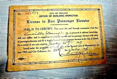 Vintage City Of Duluth Minnesota License To Run Passenger Elevator 1918