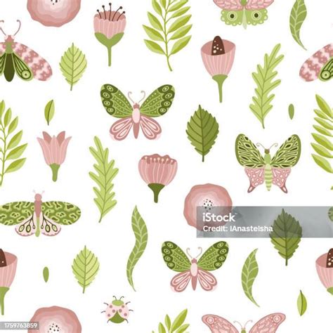 장식적인 꽃 잎 및 나비를 가진 꽃 Seamless 본 패션 직물 어린이 의류 티셔츠 엽서 템플릿 및 스크랩북 0명에 대한 스톡 벡터 아트 및 기타 이미지 Istock