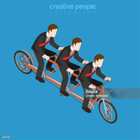 비즈니스 기업 회사 팀 작업 개념입니다 3 차원 Isometric 웹 인포 그래픽 벡터 일러스트 레이 션을 플랫 3 사업가 타고 트리플 탠덤 자전거 크리에이 티브 사람들이
