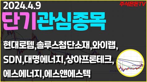 2024 04 09 단기 관심종목 현대로템솔루스첨단소재와이랩sdn대명에너지상아프론테크에스에너지에스앤에스텍 Youtube