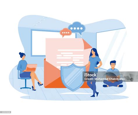 개인 메시지 이메일 암호화 기밀 정보 보호 한 무리의 사람들이 큰 봉투 편지 방패 근처에 서 있습니다 플랫 벡터 현대 일러스트 레이 션 개념에 대한 스톡 벡터 아트 및 기타