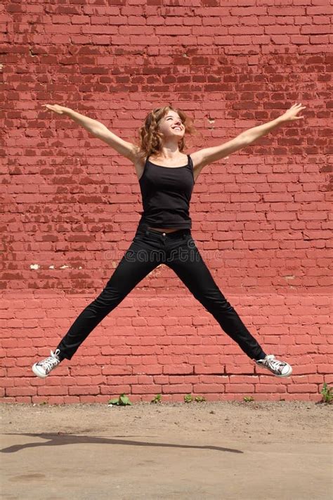 Girl Jumps With Open Legs And Hands Stock Image Image Of Beautiful