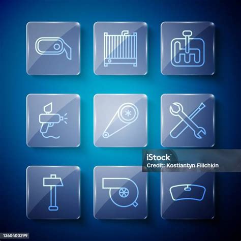 세트 라인 해머 자동차 터보 차저 윈드 실드 기어 시프터 타이밍 벨트 키트 페인트 스프레이 건 자동차 백미러 및 스크류 드라이버 와 렌치 스패너 아이콘 벡터 거울에 대한