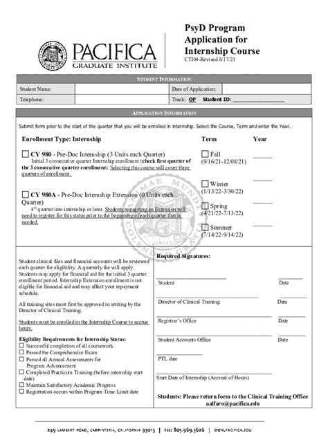 Fillable Online Psyd Program Application For Internship Course Fax