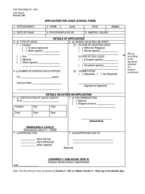 Csc Form 6 Application For Leave For Teaching Personnel Pdf Sick