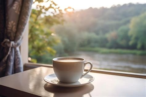 Premium Ai Image A Cup Of Coffee On A Table In Front Of A Window With