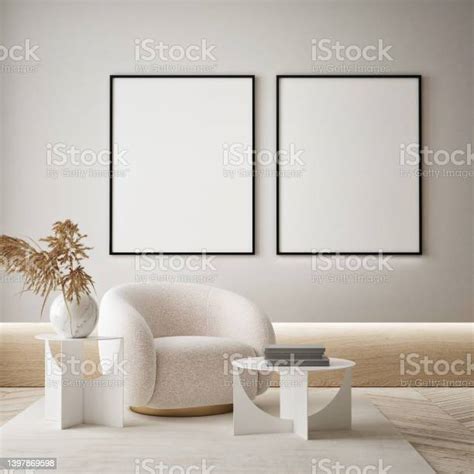 현대적인 인테리어 배경 거실 스칸디나비아 스타일 3d 렌더 3d 일러스트레이션의 포스터 프레임을 모의 0명에 대한 스톡 사진 및