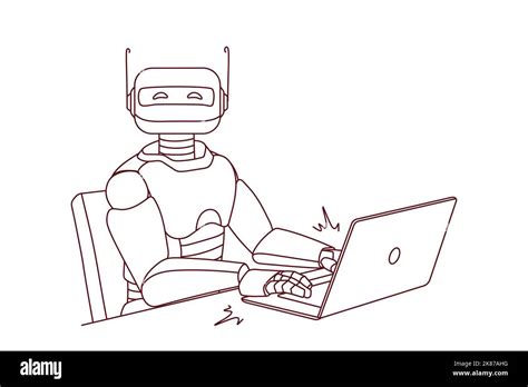 Robot Working On Computer In Office Modern Humanoid Typing On Laptop Artificial Intelligence