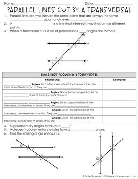 Parallel Lines Cut By A Transversal Notes TpT