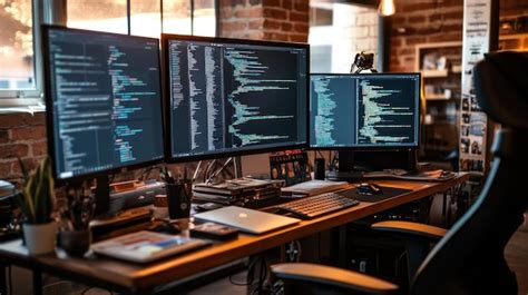 Workspace Setup With Triple Monitors And Code On Display Premium Ai Generated Image