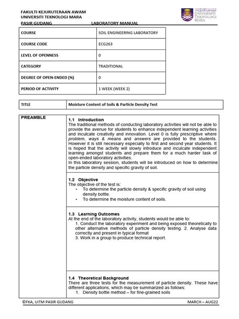 Lab 1 Particle Density Moisture Content Level 0 Pdf Density