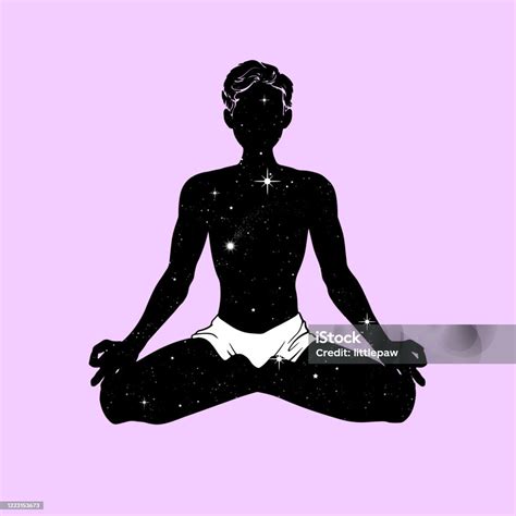 연꽃 포즈에서 요기 남자를 명상 별 비열한 이미지 기호와 공간 벡터 일러스트레이션 개념에 대한 스톡 벡터 아트 및 기타 이미지